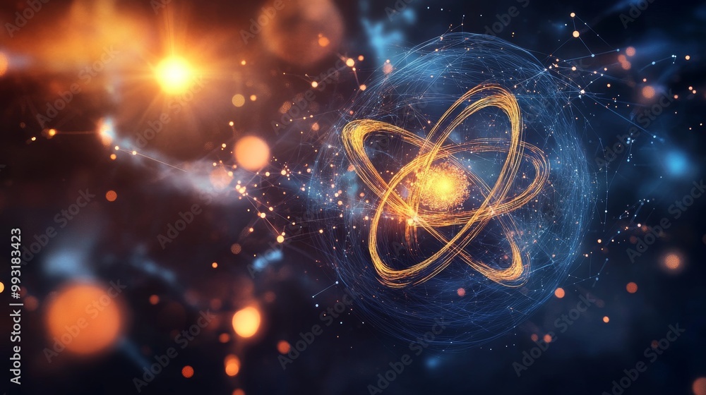 Futuristic science technology background featuring an atom model with ...