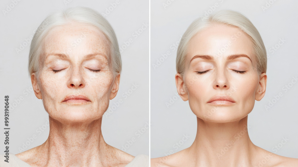A split image of a woman's face showing a before and after aging ...