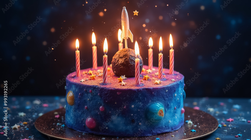 The beautifully decorated birthday cake features a cosmic design with ...