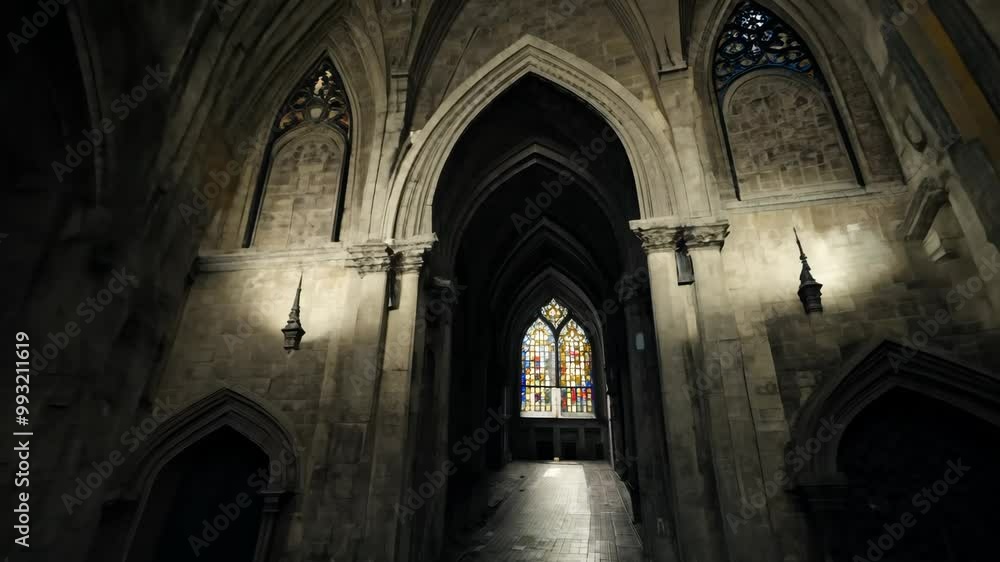 The camera slowly zooms in along a long, dimly lit corridor in a Gothic ...