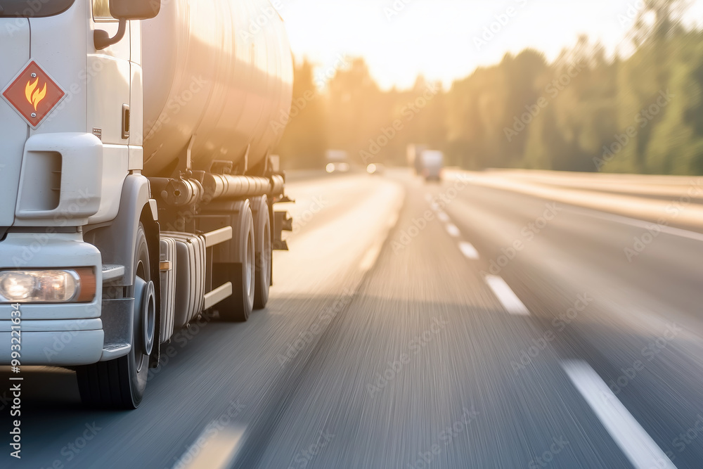 Fuel tanker truck on open highway in motion at sunset transporting ...