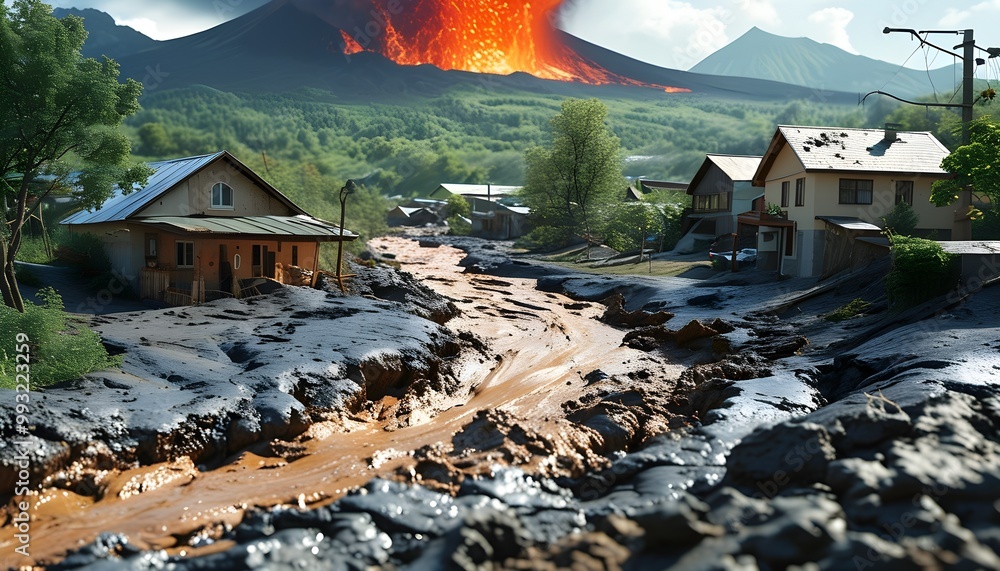 Devastating volcanic mudflow sweeping through a village, illustrating ...