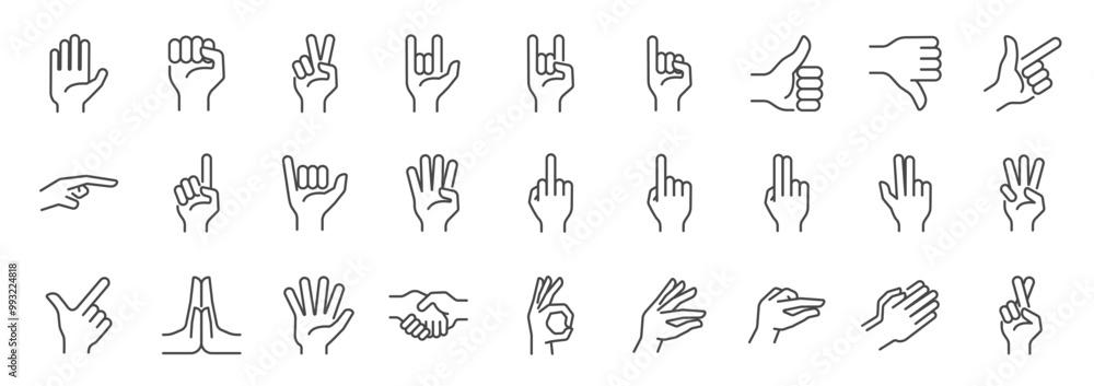 Hand gestures line icon set. Included icons as fingers interaction, pinky swear, forefinger ...