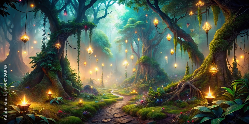 Enchanted Fantasy Forest Wallpaper with Lush Greenery, Mystical Lights ...