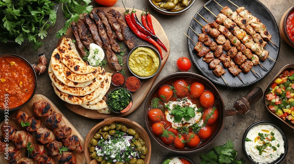 Try this Arabic food with an array of appetizers on an old concrete ...