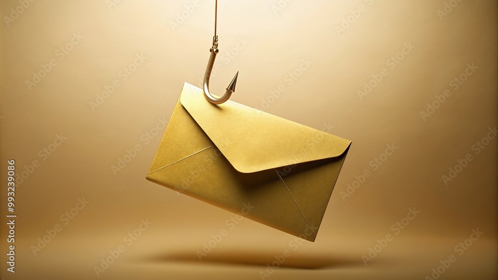 Golden envelope with a fishing hook hanging from it isolated on a beige ...