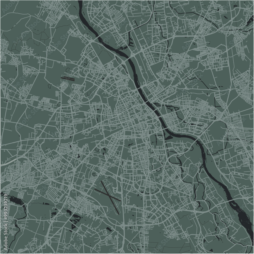 Map of Warsaw in Poland in a smooth dark style. Contains layered vector ...