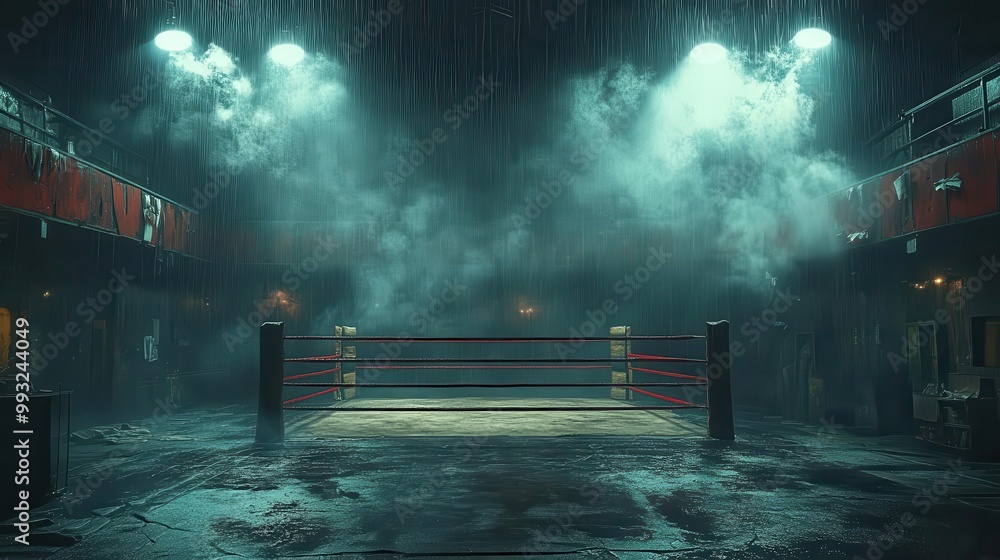 an empty boxing ring stands in an arena surrounded by a palpable ...