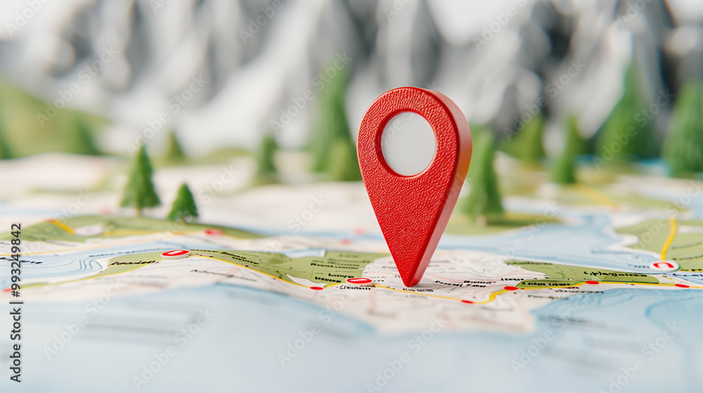 Map pin highlighting location on detailed geographical map with scenic ...
