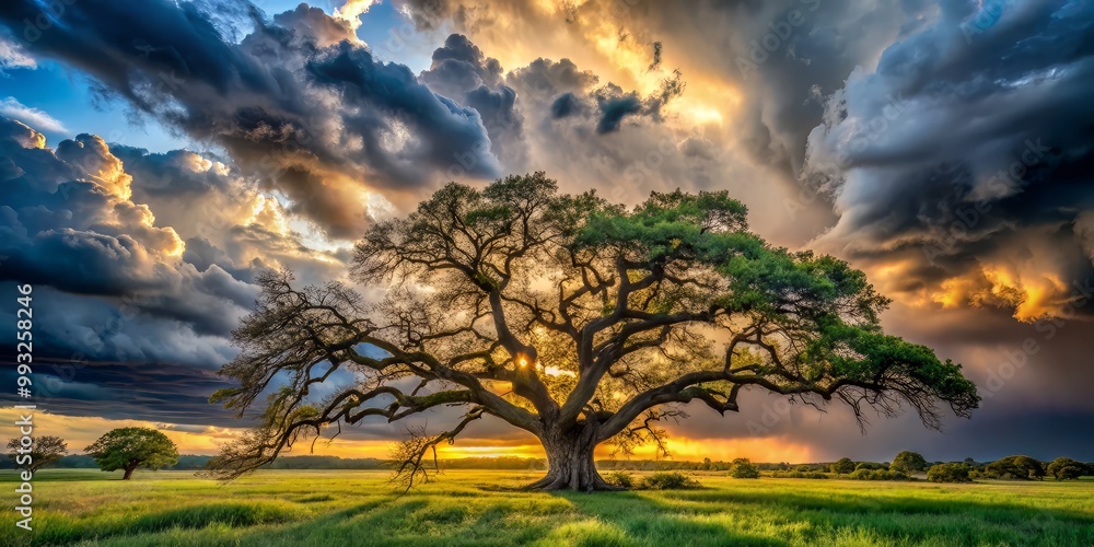 dramatic stormy clouds darken majestic oak tree branch framework nature ...