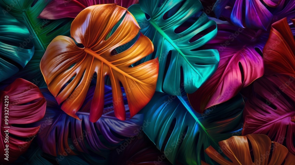 Vibrant neon tropical leaves flat lay – fluorescent colorful botanical ...