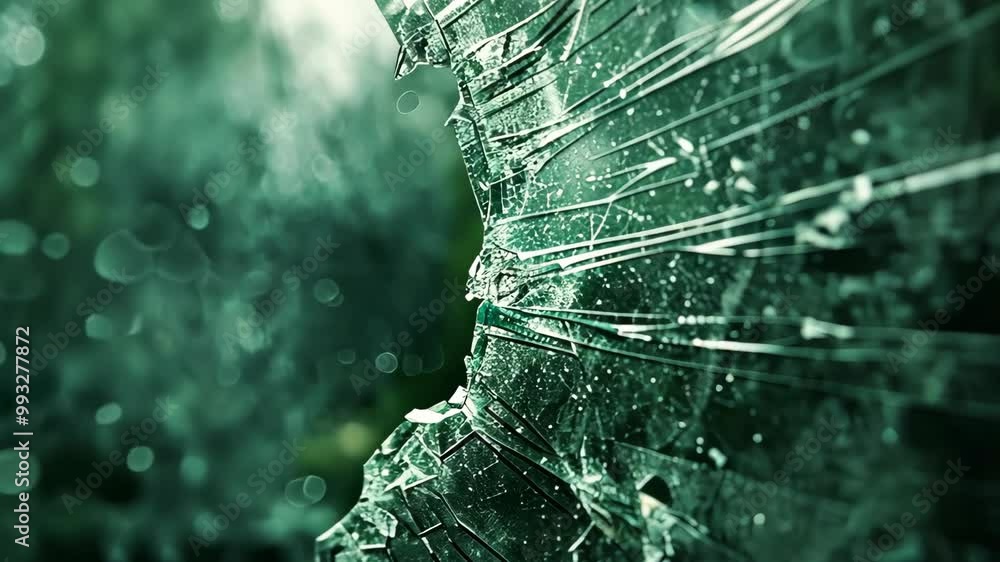 A close-up shot of a shattered glass window, with a green background ...