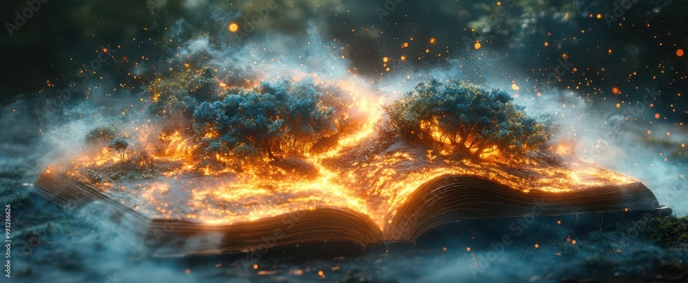 magical book with pages transforming into a fantastical 3d world ...