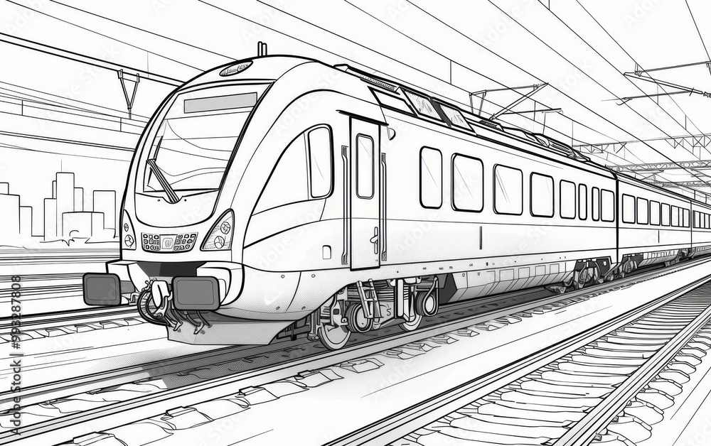 Black and white line drawing of a modern train on railway tracks. Stock ...