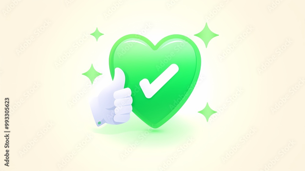 cute green heart with a thumbs-up checkmark, a vector illustration icon ...
