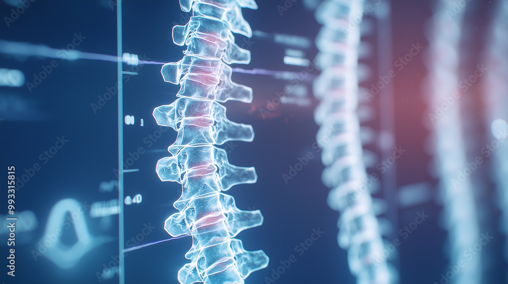An x-ray image of a human spine on a digital screen, with highlighted ...