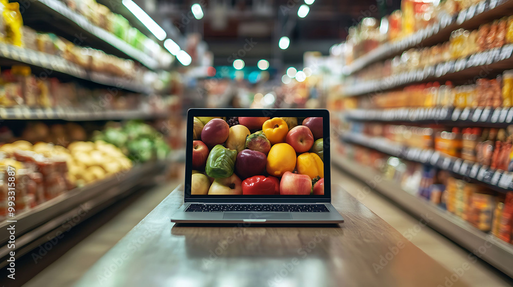 A laptop computer displaying an image of fresh fruits and vegetables ...