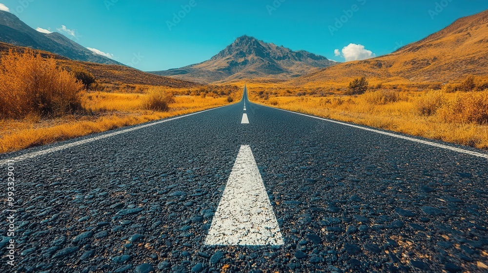 long asphalt road stretching toward the horizon a painted white arrow ...