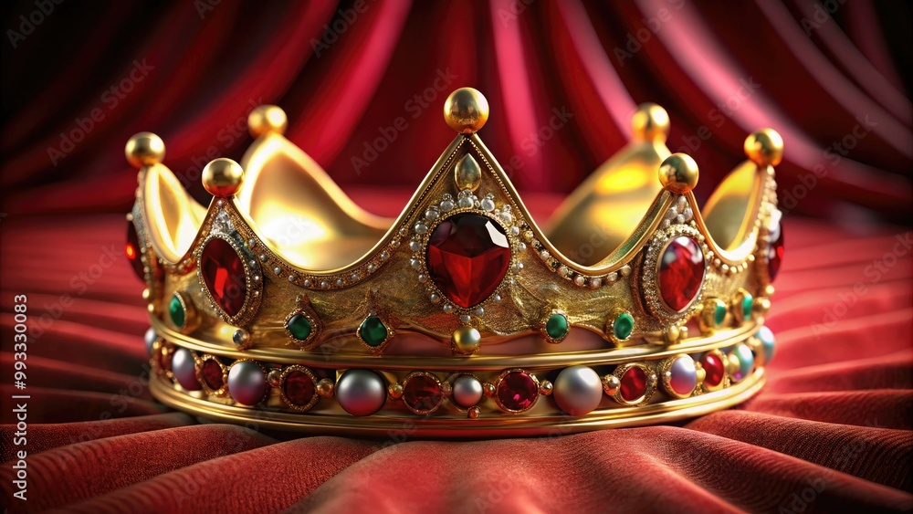 An exquisite golden crown, embellished with gems, rests atop a rich red ...