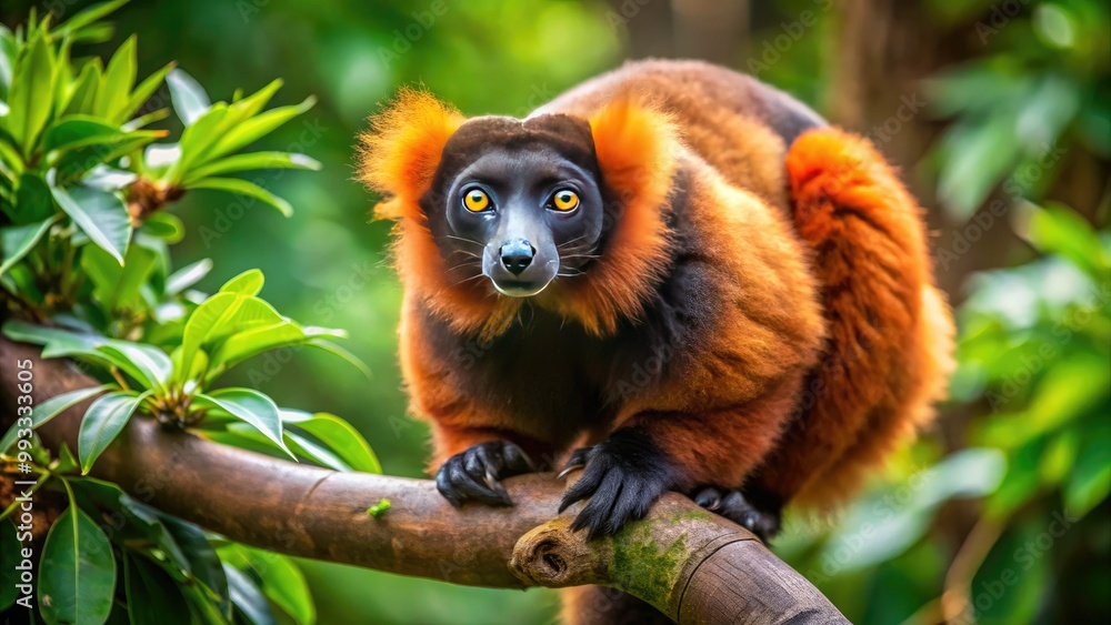 A vibrant red ruffed lemur showcases its unique fur and playful antics ...