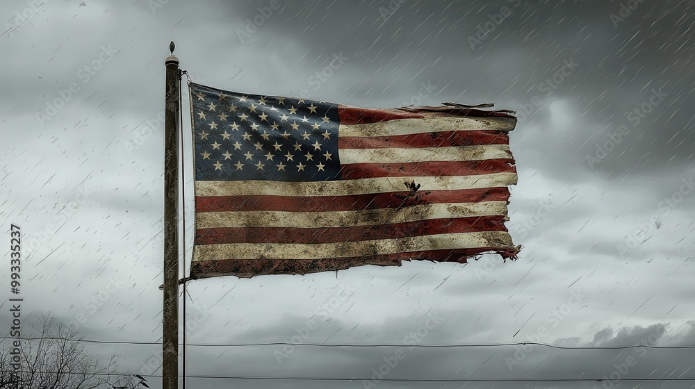 Torn and tattered American flag waving in the rain, patriotic symbol of ...