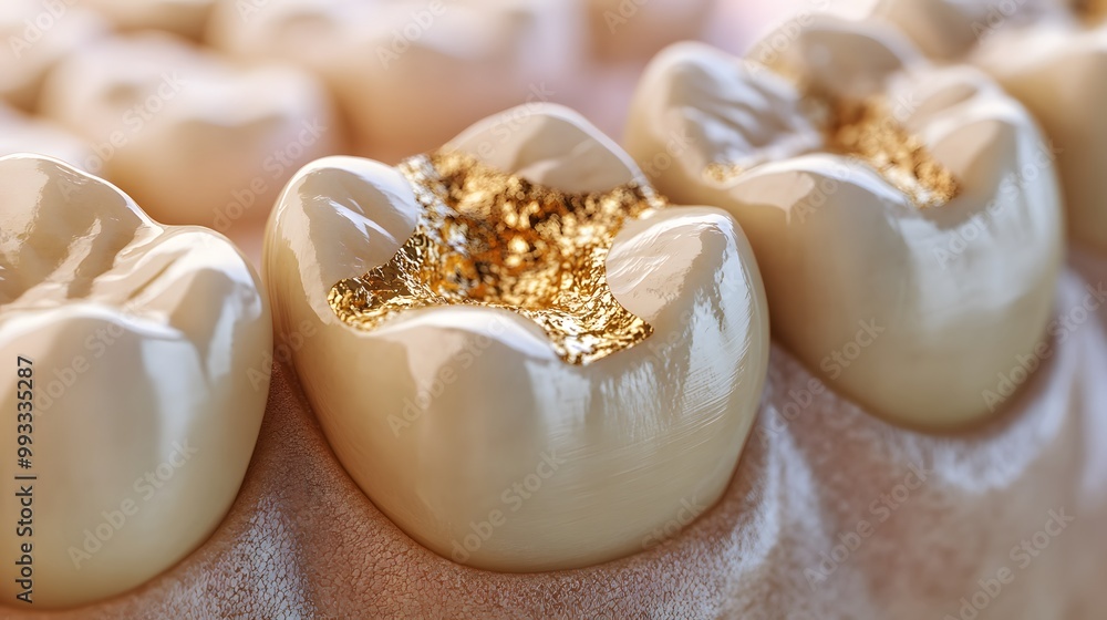 Gold dental inlay filling on a molar tooth in a detailed close-up view ...