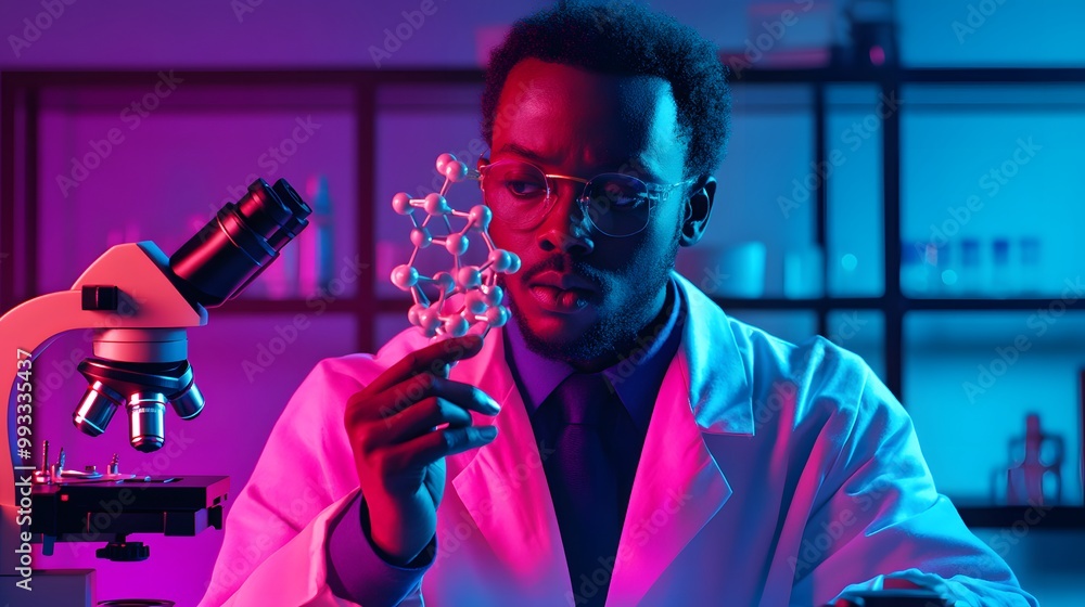 Scientist in lab coat holding molecular model of serotonin receptor ...