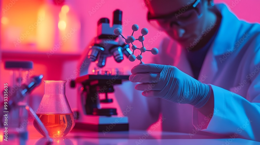 Scientist in lab coat holding molecular model of serotonin receptor ...