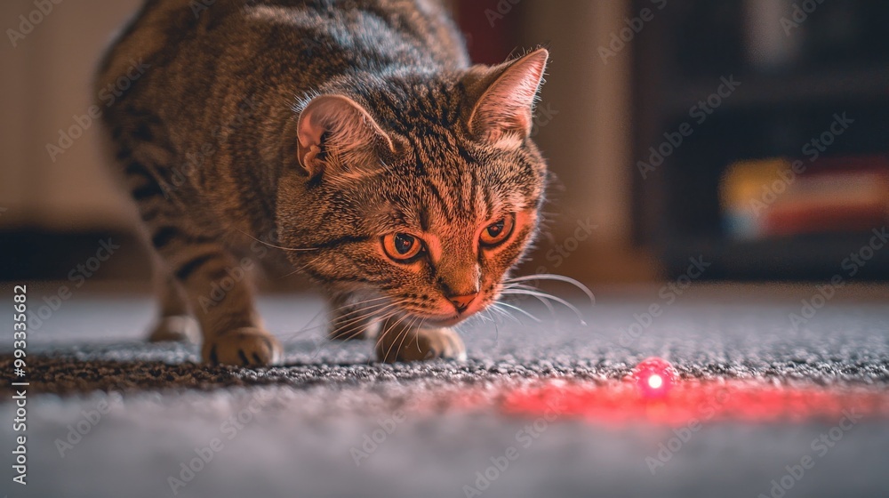 House cat stalking a laser pointer dot on the carpet, a common playful ...