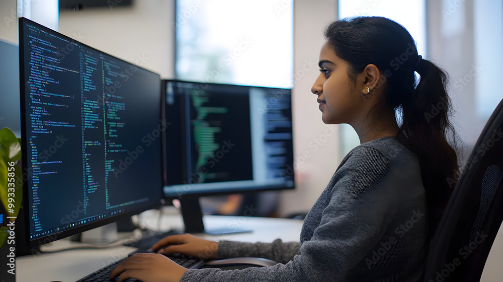 Confident female coder of Indian descent working on dual screens in a modern office environment ...