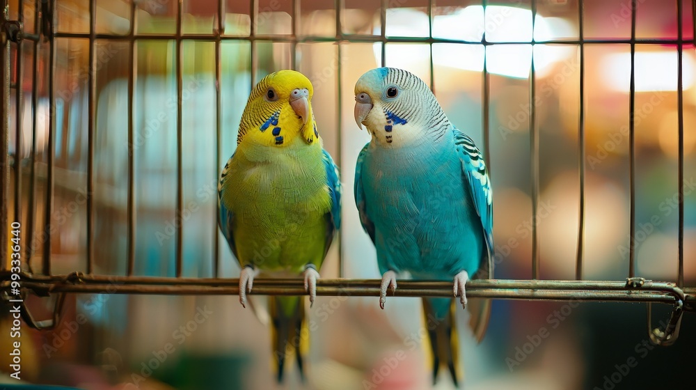 Pair of parakeets in a vibrant cage, chirping and interacting with each ...