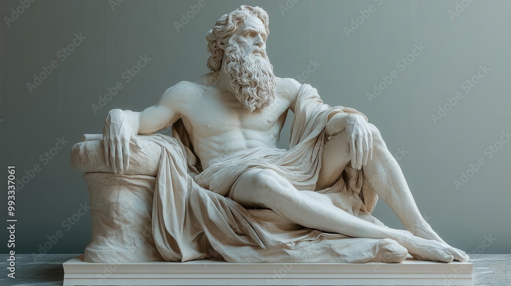 minimalist digital render of a stoic greek philosopher deep in thought ...