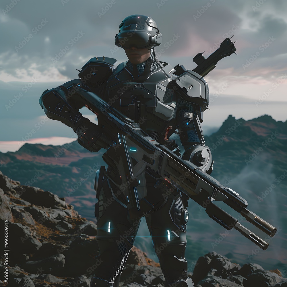 Cybernetic Soldier in a High-Tech Exosuit with Integrated Weapons ...
