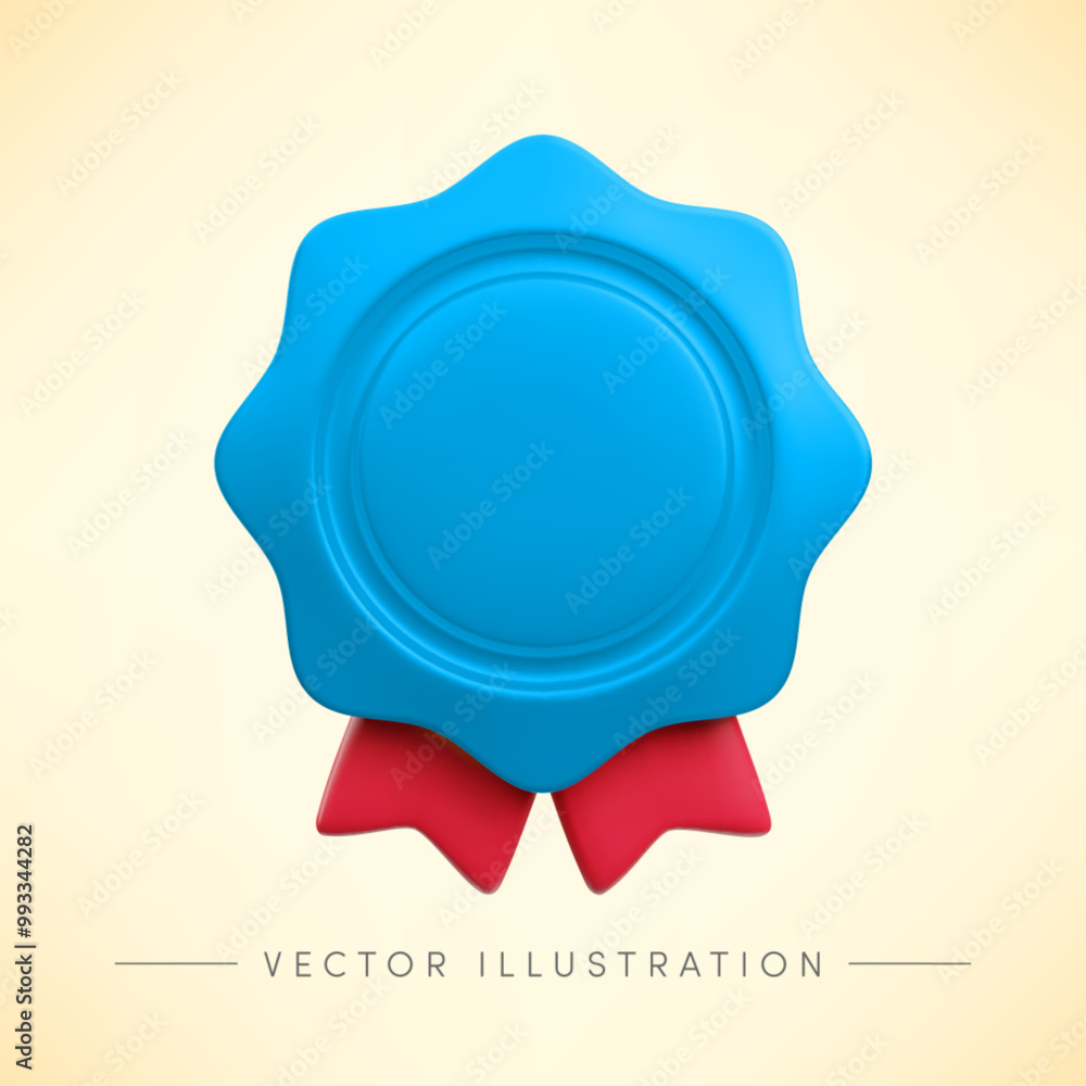 Vector cartoon 3d empty blue medal with red ribbons realistic icon ...