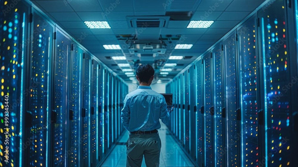 In a Data Center, a Male IT Specialist Stands Along a Row of ...