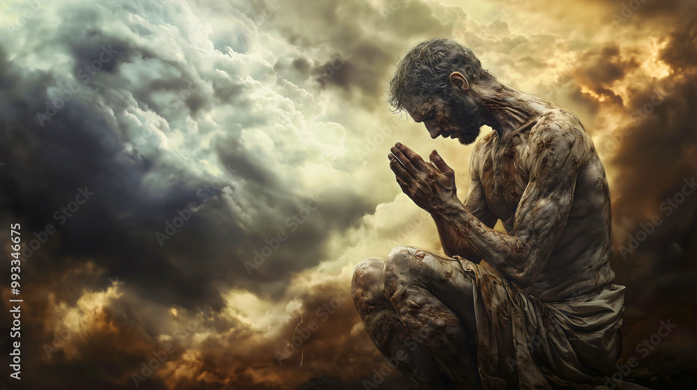 Job, covered in painful sores from head to toe, kneels in agony, yet ...