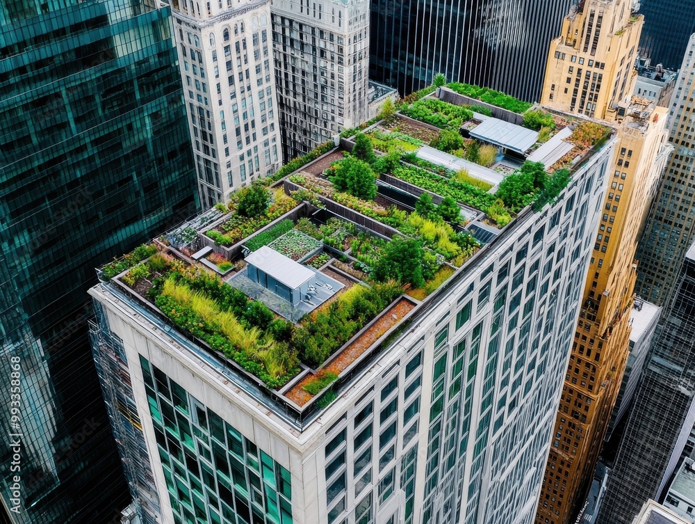 Aerial view of a modern skyscraper rooftop transformed into a green ...