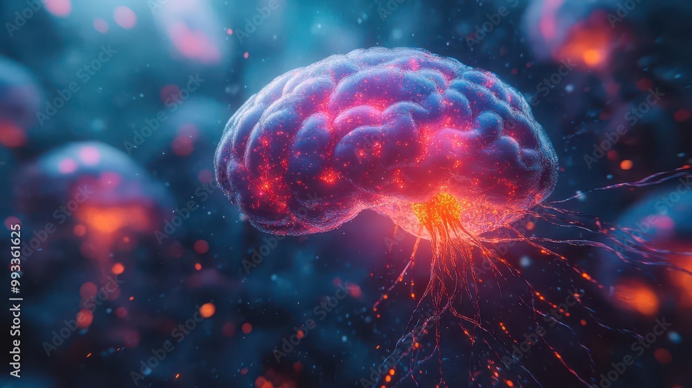 scientific depiction of a 3d brain highlighting synapses and neurons with vibrant colors and ...