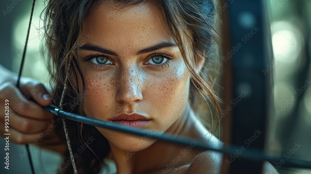 Waist-up portrait of a focused female archer aiming her bow with ...