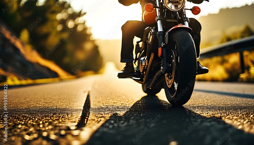Sun-kissed motorcycle ride captured from a low angle perspective Stock ...