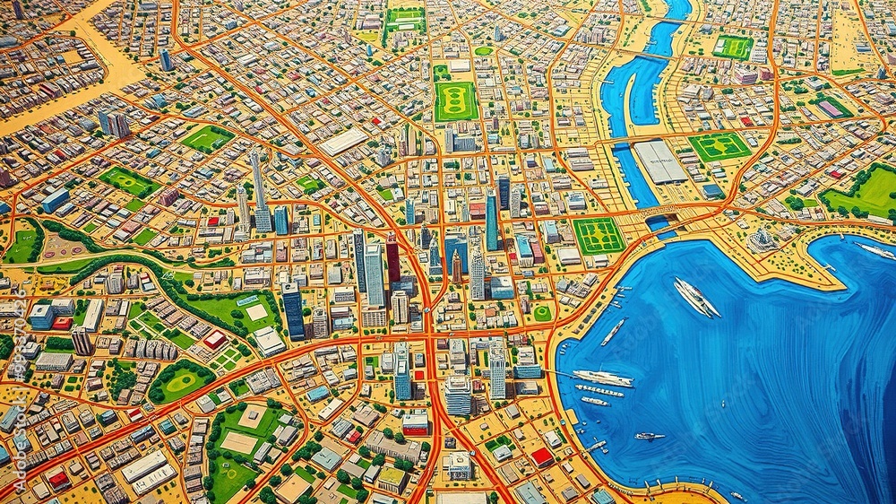 A densely illustrated map of the city of LA, featuring intricate ...