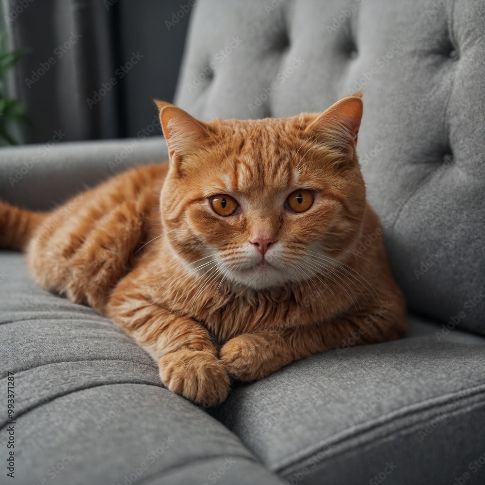 Cute red Scottish Fold cat with orange eyes lying on a grey textile ...