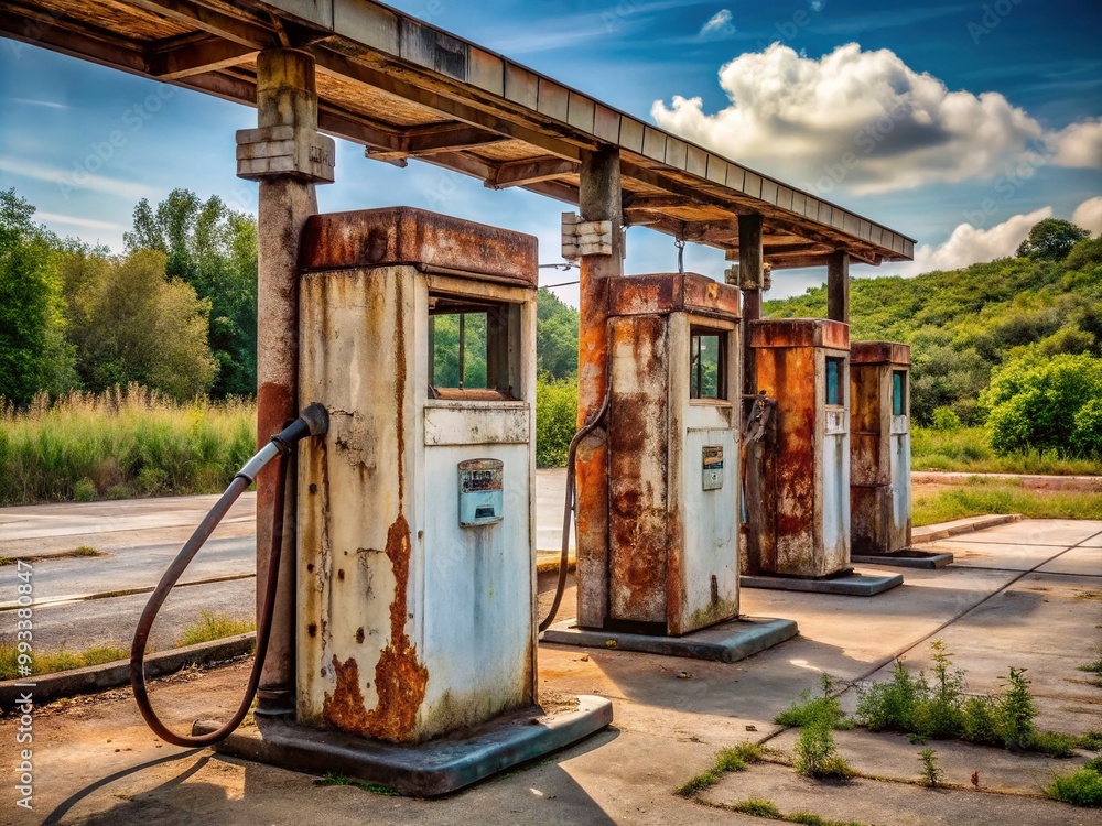 Rusted gas pumps stand sentinel at a long-abandoned filling station ...