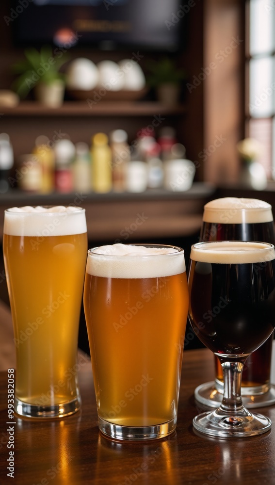 Illustrated scene of various draft beers in a cozy pub setting Stock ...