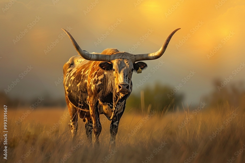 Majestic longhorn cattle with curved horns and distinctive coat ...