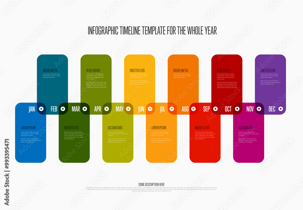 Whole year timeline template with month names and rainbow color blocks ...