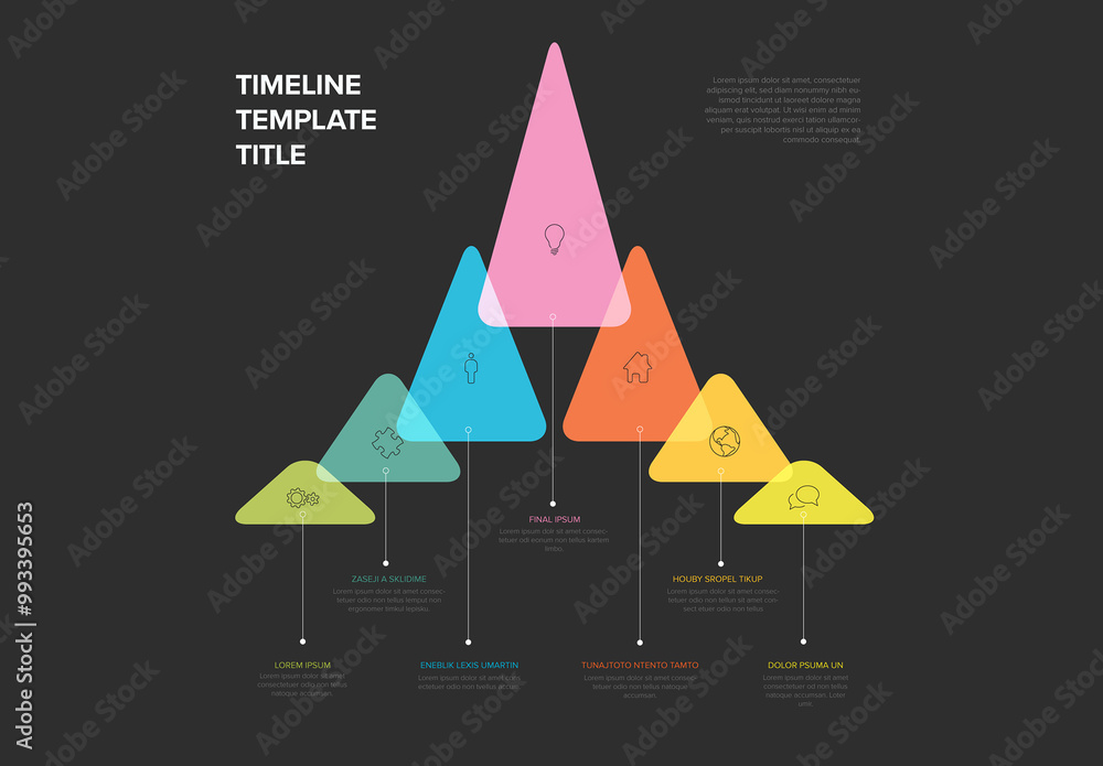 Seven triangle upwards steps in rainbow dark infographic template for ...