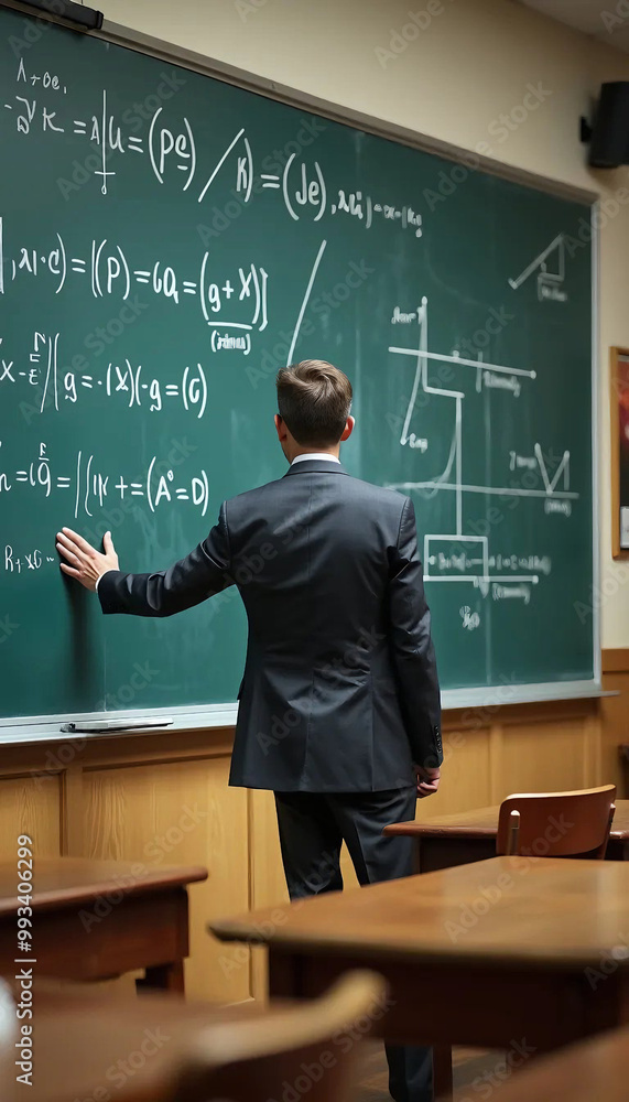 Um professor escreve fórmulas matemáticas complexas em um quadro negro ...