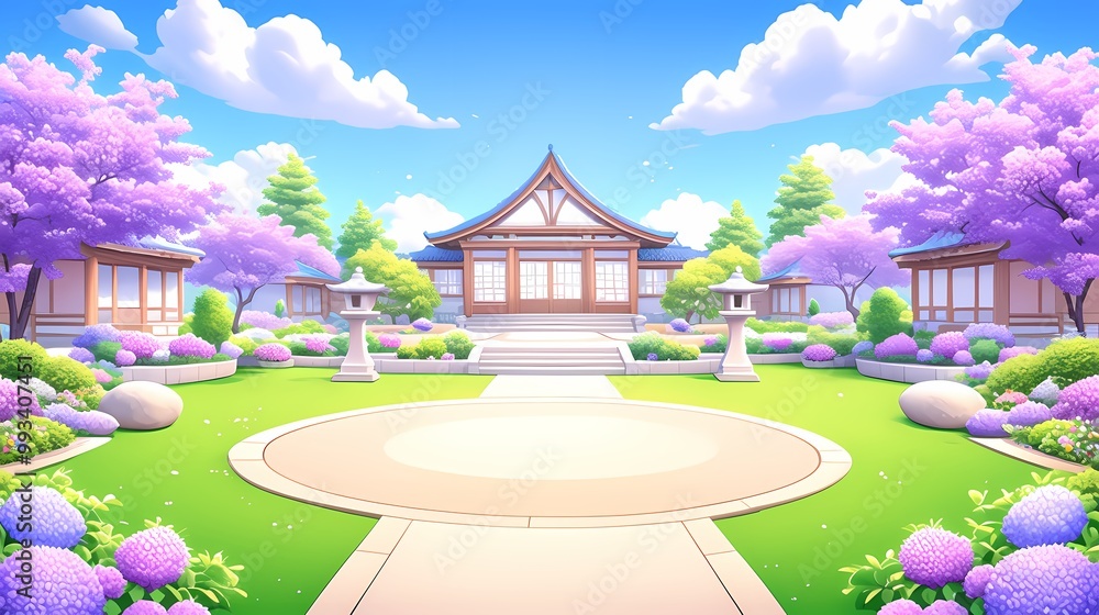 garden, with purple hydrangeas and green grass in the foreground, a ...