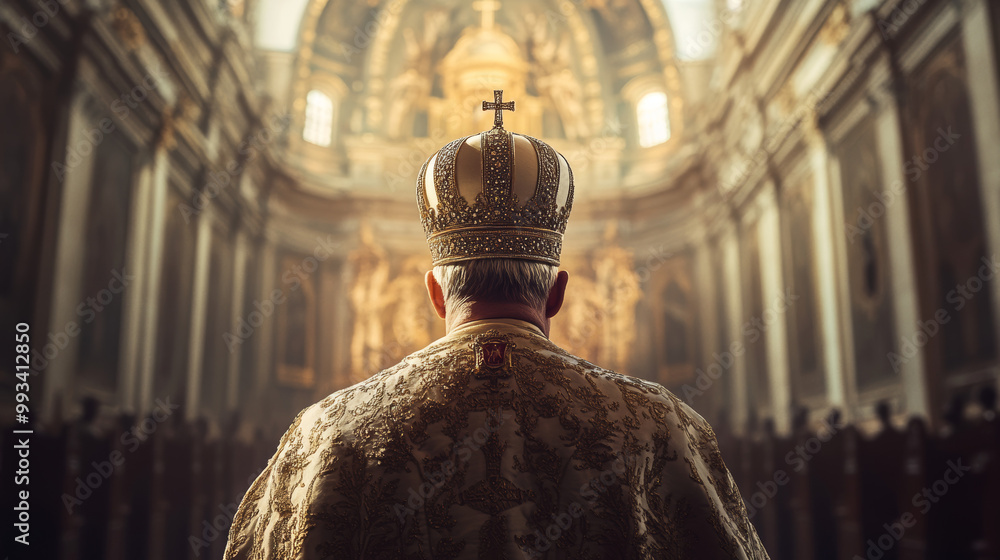 A bishop wearing intricate gold-embroidered robes stands inside a grand ...